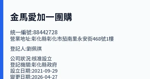金馬愛加一團購的照片-統編 88442728(彰化縣) 公司登記資料與營業項目詳細圖表