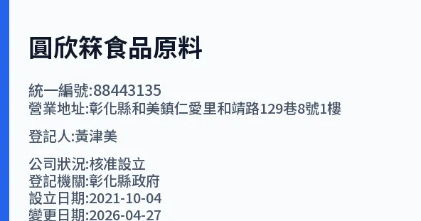圓欣箖食品原料的照片-統編 88443135(彰化縣) 公司登記資料與營業項目詳細圖表