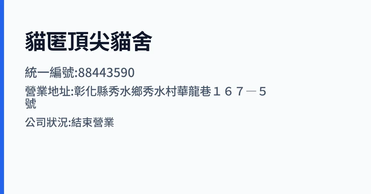 貓匿頂尖貓舍 - 統編 88443590(彰化縣) 公司登記資料與營業項目詳細圖表