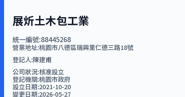 展炘土木包工業的照片-統編 88445268(桃園市) 公司登記資料與營業項目詳細圖表
