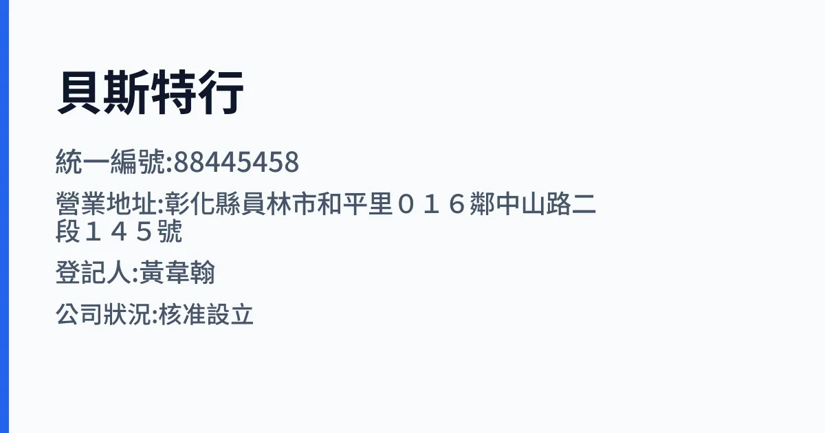 貝斯特行 - 統編 88445458(彰化縣) 公司登記資料與營業項目詳細圖表