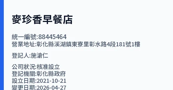 麥珍香早餐店的照片-統編 88445464(彰化縣) 公司登記資料與營業項目詳細圖表