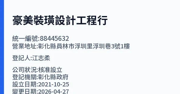 豪美裝璜設計工程行的照片-統編 88445632(彰化縣) 公司登記資料與營業項目詳細圖表