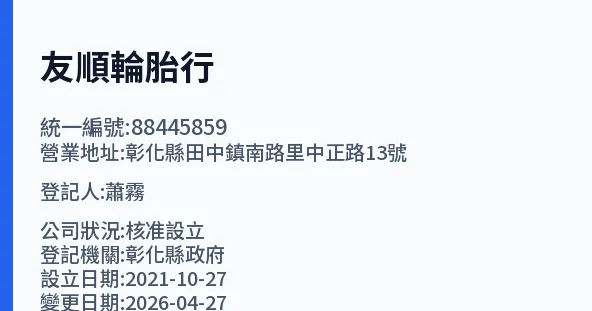 友順輪胎行的照片-統編 88445859(彰化縣) 公司登記資料與營業項目詳細圖表