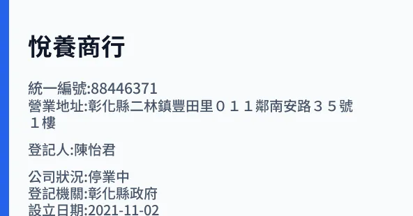 悅養商行的照片-統編 88446371(彰化縣) 公司登記資料與營業項目詳細圖表