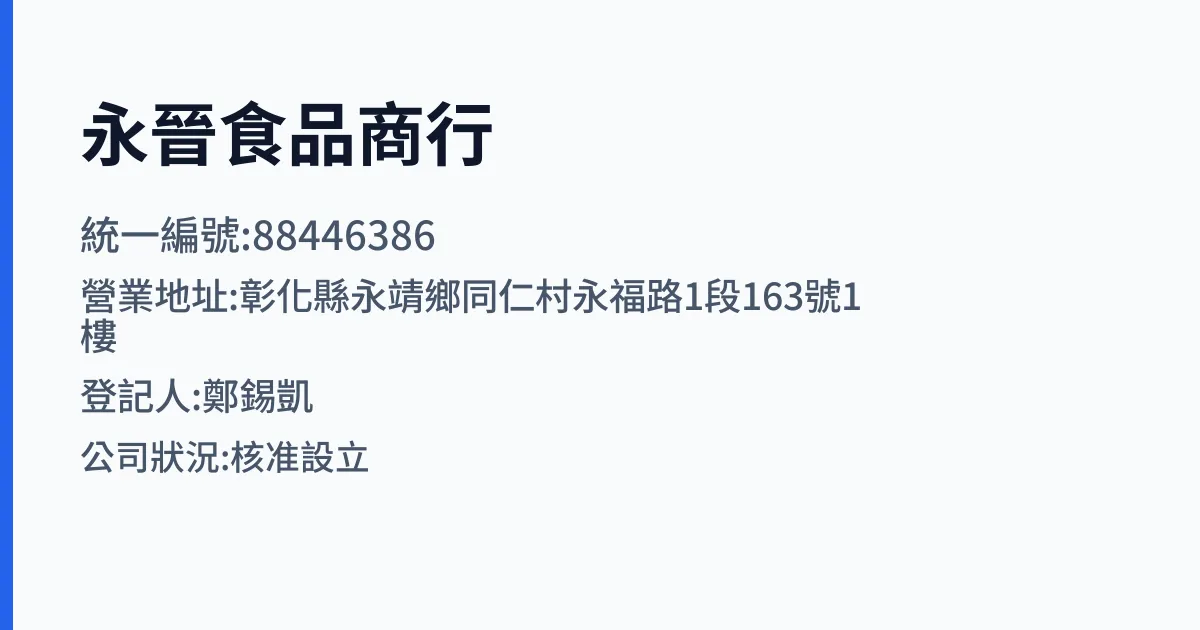 永晉食品商行 - 統編 88446386(彰化縣) 公司登記資料與營業項目詳細圖表