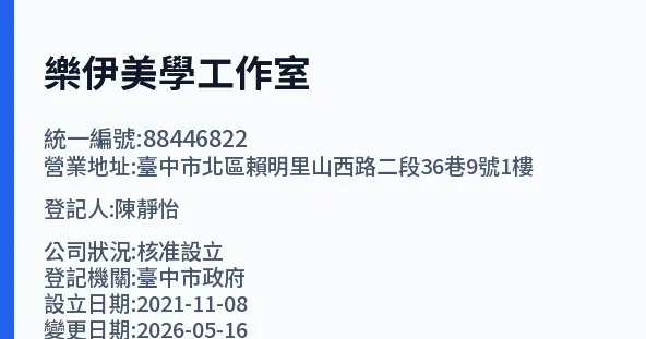 樂伊美學工作室的照片-統編 88446822(臺中市) 公司登記資料與營業項目詳細圖表