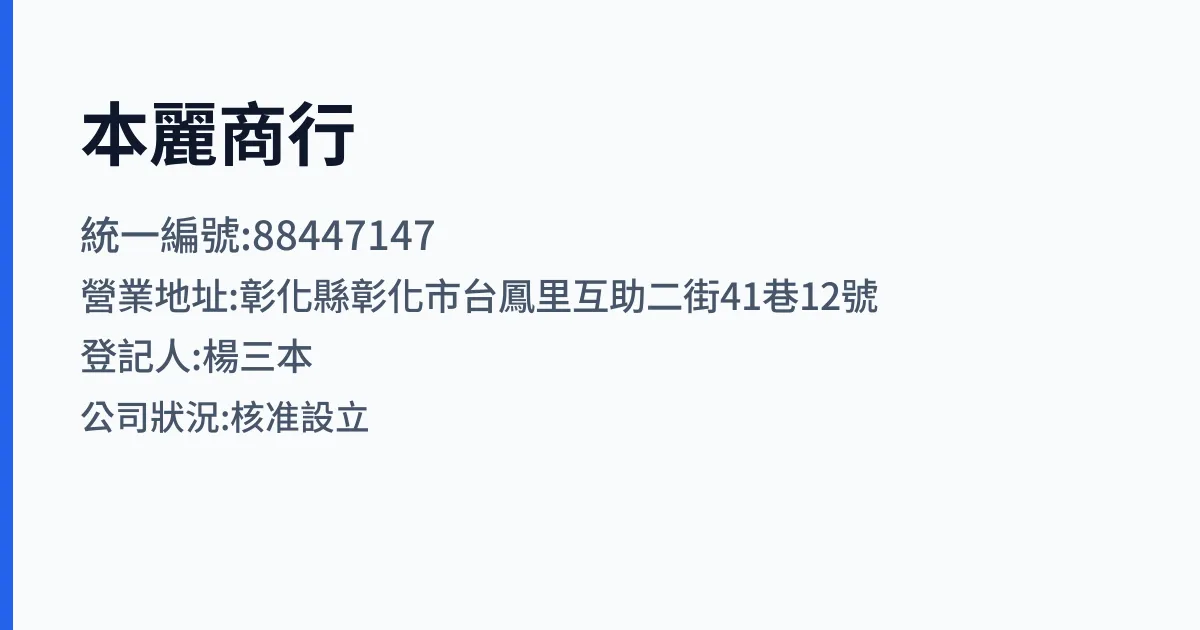 本麗商行 - 統編 88447147(彰化縣) 公司登記資料與營業項目詳細圖表