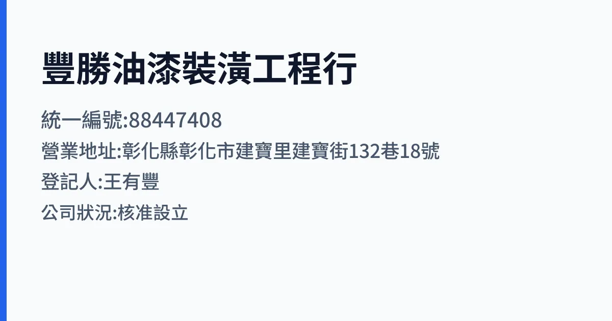 豐勝油漆裝潢工程行 - 統編 88447408(彰化縣) 公司登記資料與營業項目詳細圖表