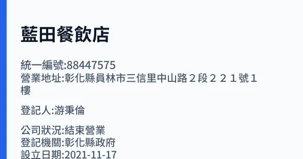藍田餐飲店的照片-統編 88447575(彰化縣) 公司登記資料與營業項目詳細圖表