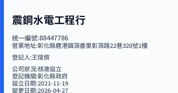 震鋼水電工程行的照片-統編 88447786(彰化縣) 公司登記資料與營業項目詳細圖表