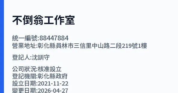 不倒翁工作室的照片-統編 88447884(彰化縣) 公司登記資料與營業項目詳細圖表