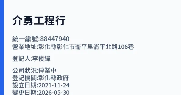 介勇工程行的照片-統編 88447940(彰化縣) 公司登記資料與營業項目詳細圖表
