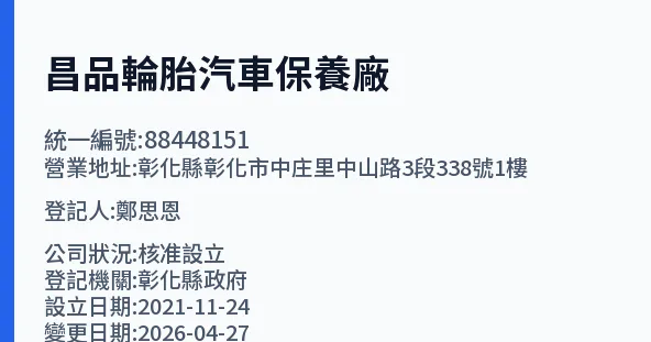 昌品輪胎汽車保養廠的照片-統編 88448151(彰化縣) 公司登記資料與營業項目詳細圖表