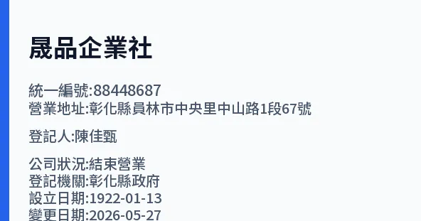 晟品企業社的照片-統編 88448687(彰化縣) 公司登記資料與營業項目詳細圖表
