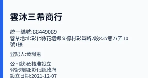 雲沐三希商行的照片-統編 88449089(彰化縣) 公司登記資料與營業項目詳細圖表