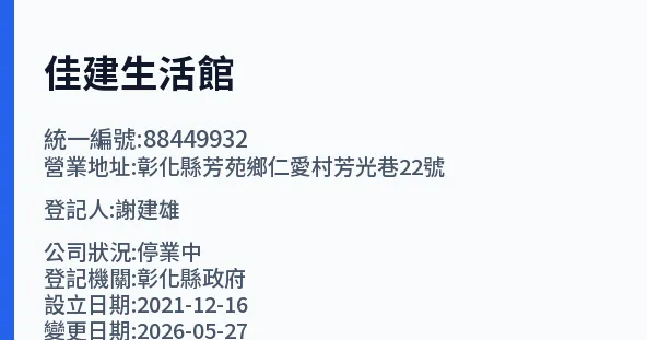 佳建生活館的照片-統編 88449932(彰化縣) 公司登記資料與營業項目詳細圖表