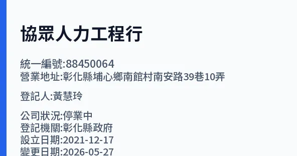 協眾人力工程行的照片-統編 88450064(彰化縣) 公司登記資料與營業項目詳細圖表