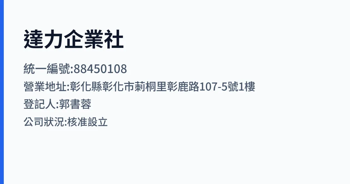 達力企業社 - 統編 88450108(彰化縣) 公司登記資料與營業項目詳細圖表