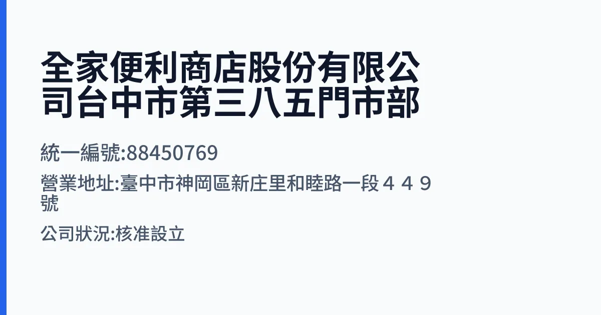 全家便利商店股份有限公司台中市第三八五門市部 - 統編 88450769(臺中市) 公司登記資料與營業項目詳細圖表