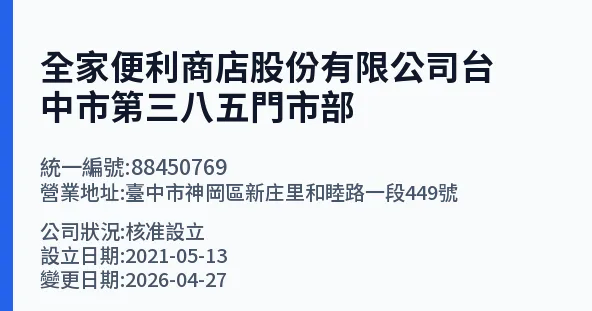 全家便利商店股份有限公司台中市第三八五門市部的照片-統編 88450769(臺中市) 公司登記資料與營業項目詳細圖表