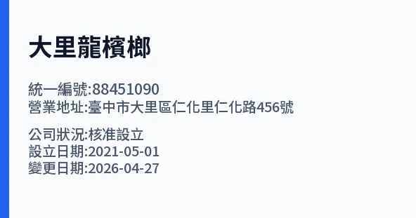 大里龍檳榔的照片-統編 88451090(臺中市) 公司登記資料與營業項目詳細圖表