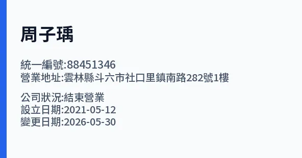 周子瑀的照片-統編 88451346(雲林縣) 公司登記資料與營業項目詳細圖表