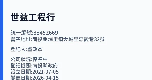 世益工程行的照片-統編 88452669(南投縣) 公司登記資料與營業項目詳細圖表