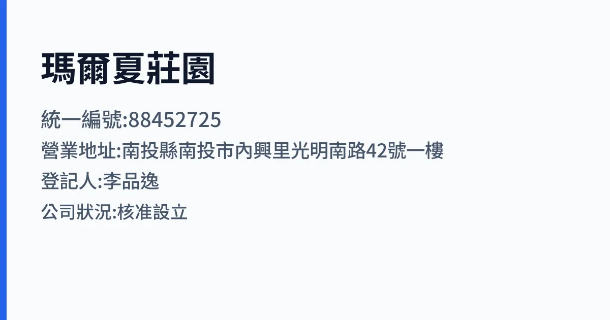 瑪爾夏莊園 - 統編 88452725(南投縣) 公司登記資料與營業項目詳細圖表