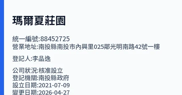 瑪爾夏莊園的照片-統編 88452725(南投縣) 公司登記資料與營業項目詳細圖表