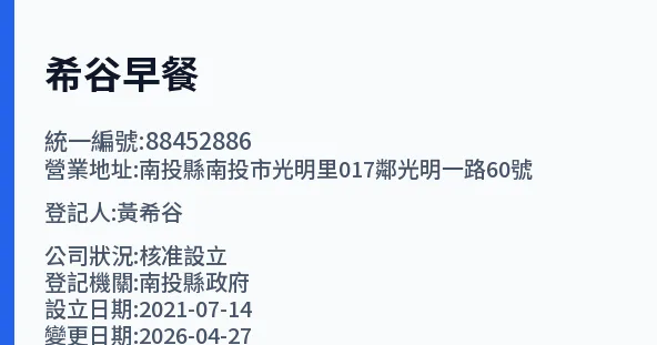 希谷早餐的照片-統編 88452886(南投縣) 公司登記資料與營業項目詳細圖表