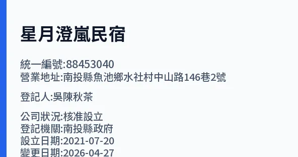 星月澄嵐民宿的照片-統編 88453040(南投縣) 公司登記資料與營業項目詳細圖表