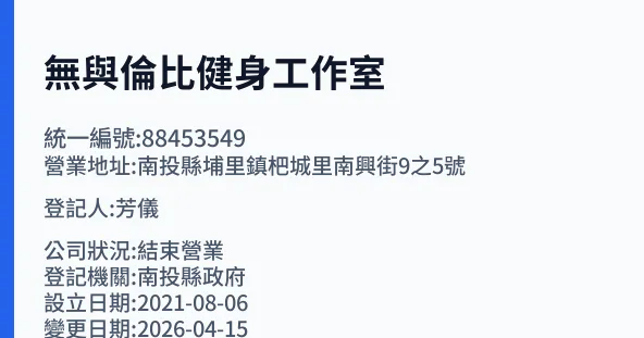 無與倫比健身工作室的照片-統編 88453549(南投縣) 公司登記資料與營業項目詳細圖表