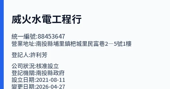 威火水電工程行的照片-統編 88453647(南投縣) 公司登記資料與營業項目詳細圖表