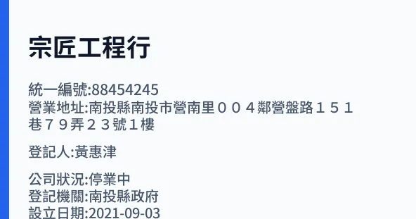 宗匠工程行的照片-統編 88454245(南投縣) 公司登記資料與營業項目詳細圖表