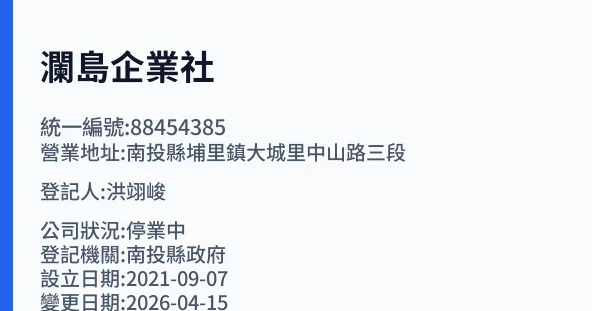 瀾島企業社的照片-統編 88454385(南投縣) 公司登記資料與營業項目詳細圖表