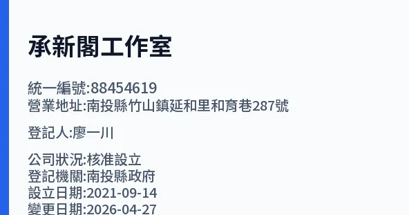 承新閣工作室的照片-統編 88454619(南投縣) 公司登記資料與營業項目詳細圖表