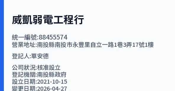 威凱弱電工程行的照片-統編 88455574(南投縣) 公司登記資料與營業項目詳細圖表