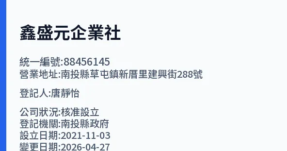 鑫盛元企業社的照片-統編 88456145(南投縣) 公司登記資料與營業項目詳細圖表