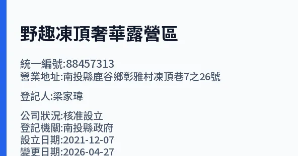 野趣凍頂奢華露營區的照片-統編 88457313(南投縣) 公司登記資料與營業項目詳細圖表