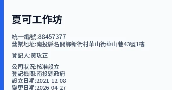 夏可工作坊的照片-統編 88457377(南投縣) 公司登記資料與營業項目詳細圖表