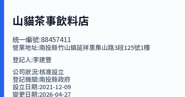山貓茶事飲料店的照片-統編 88457411(南投縣) 公司登記資料與營業項目詳細圖表