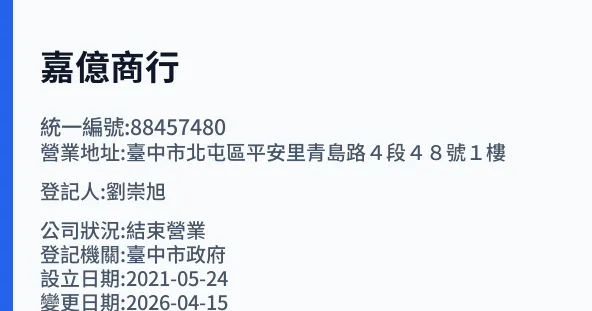 嘉億商行的照片-統編 88457480(臺中市) 公司登記資料與營業項目詳細圖表