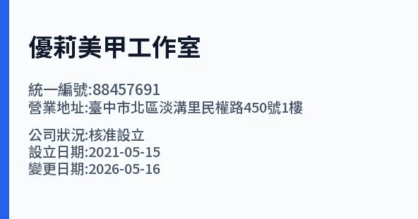優莉美甲工作室的照片-統編 88457691(臺中市) 公司登記資料與營業項目詳細圖表