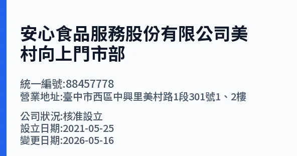 安心食品服務股份有限公司美村向上門市部的照片-統編 88457778(臺中市) 公司登記資料與營業項目詳細圖表