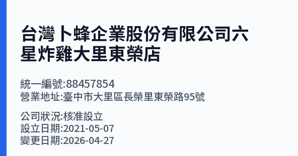 台灣卜蜂企業股份有限公司六星炸雞大里東榮店的照片-統編 88457854(臺中市) 公司登記資料與營業項目詳細圖表