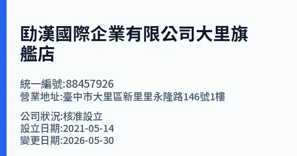 劻漢國際企業有限公司大里旗艦店的照片-統編 88457926(臺中市) 公司登記資料與營業項目詳細圖表