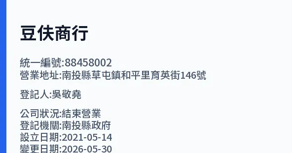 豆伕商行的照片-統編 88458002(南投縣) 公司登記資料與營業項目詳細圖表