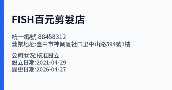 FISH百元剪髮店的照片-統編 88458312(臺中市) 公司登記資料與營業項目詳細圖表
