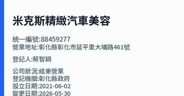 米克斯精緻汽車美容的照片-統編 88459277(彰化縣) 公司登記資料與營業項目詳細圖表